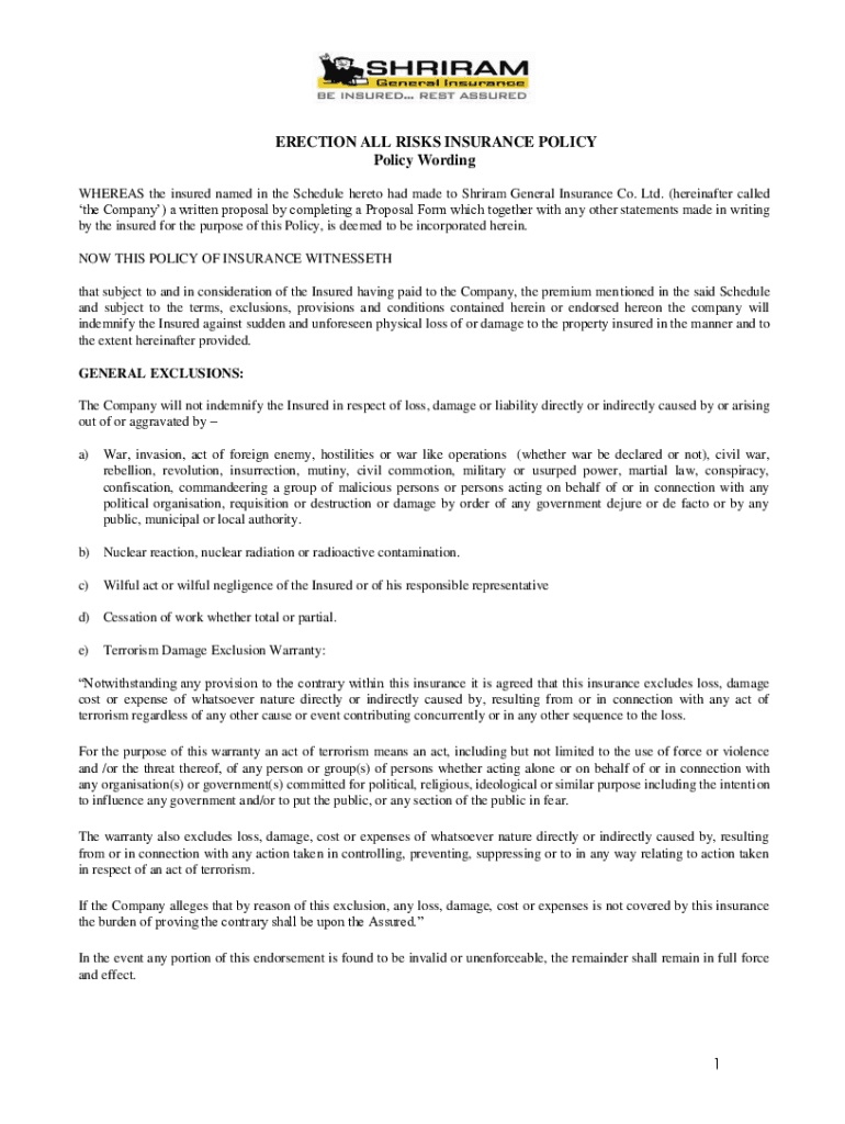 Fillable Online industrial all risks insurance policy Fax Email Print ...