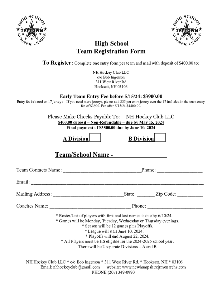 Fillable Online High School Team Registration Form Team/School Name Fax Email Print - pdfFiller