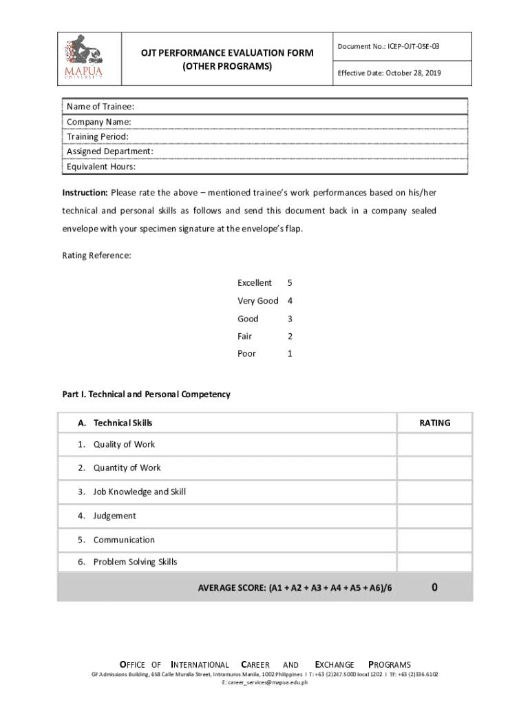 Fillable Online ojt performance evaluation form (other programs) Fax ...