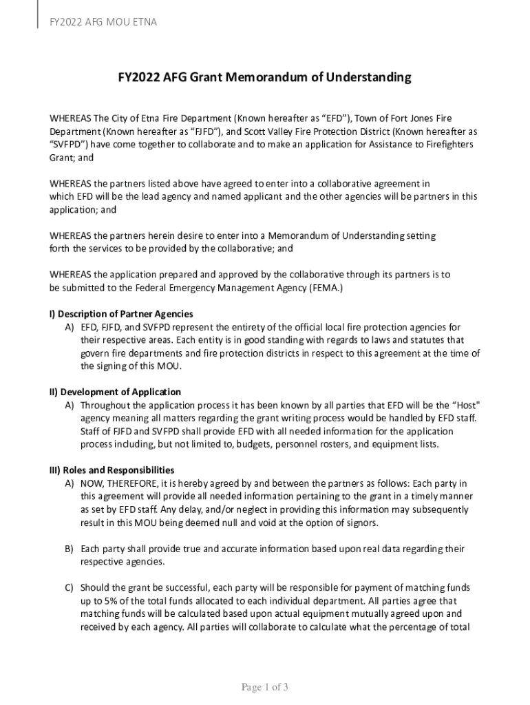 Fillable Online FY2022 AFG Grant Memorandum of Understanding Fax Email ...