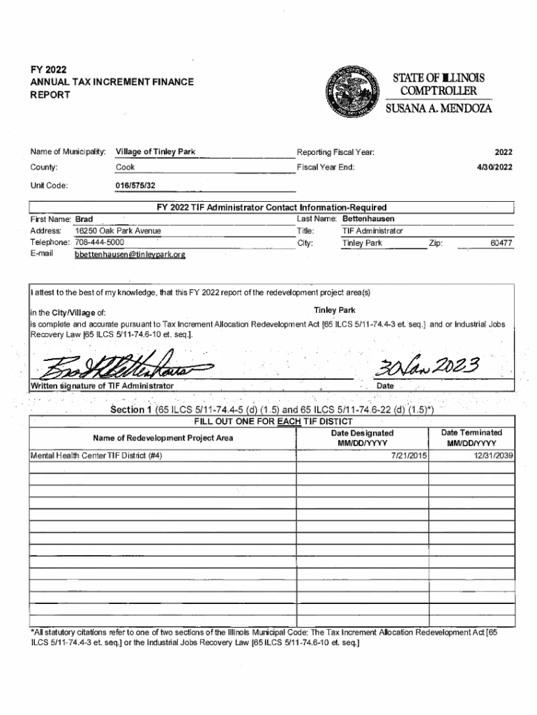 Fillable Online Treasurer's Annual Report VILLAGE OF TINLEY PARK Fax ...