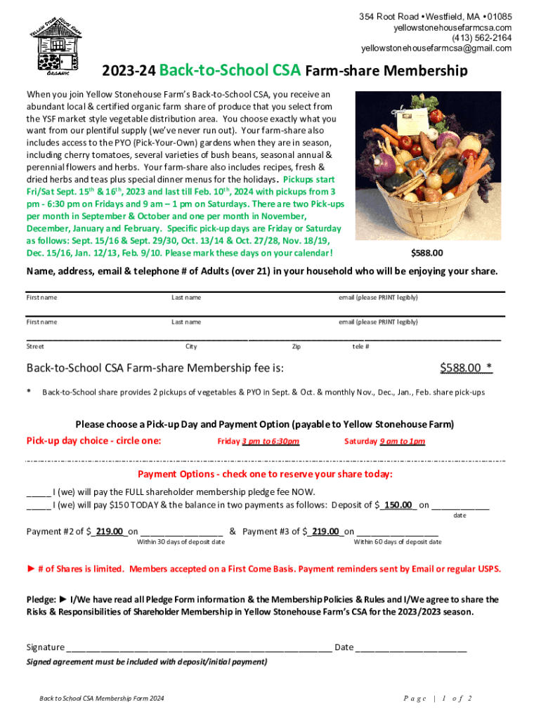 Fillable Online Back to School CSA Membership Form 2024 Fax Email Print ...