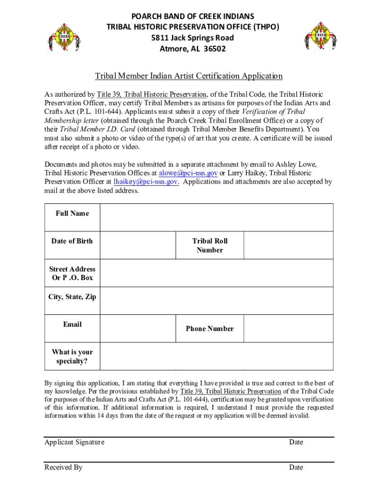 Fillable Online Tribal Member Indian Artist Certification Application ...