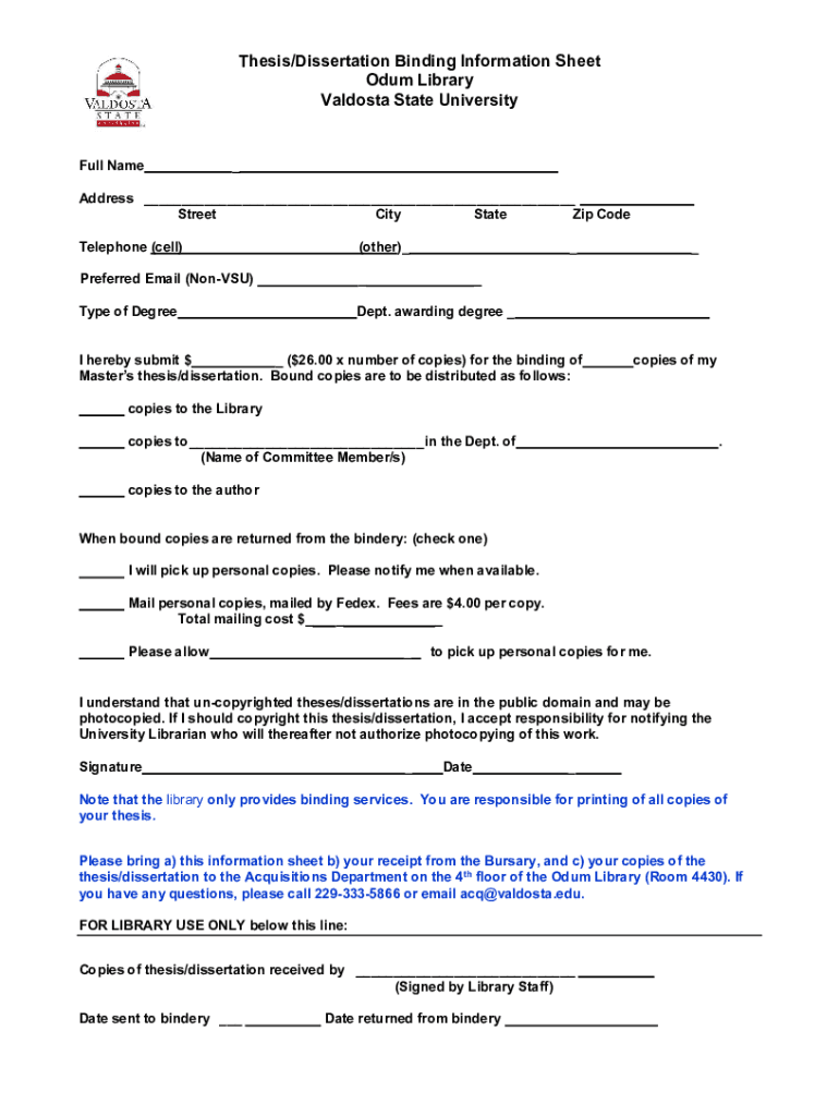 Fillable Online thesis/dissertation binding information sheet Fax Email Print - pdfFiller