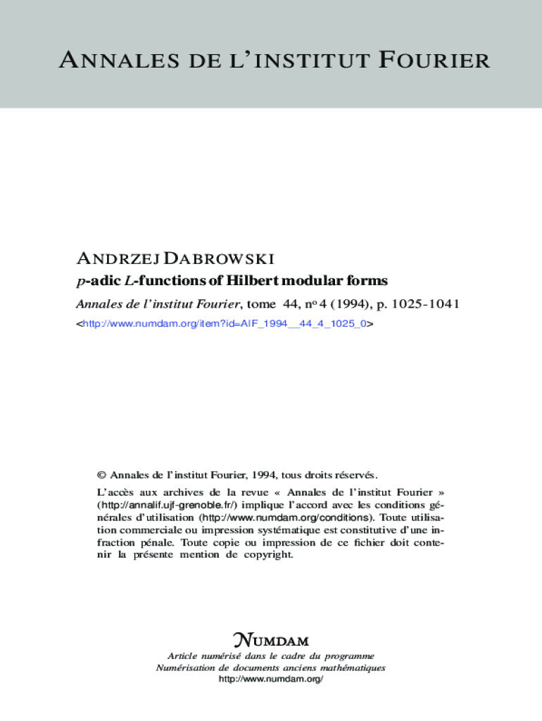 Fillable Online P Adic L Functions Of Hilbert Modular Forms Fax Email