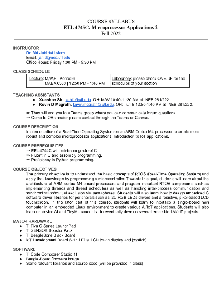 Fillable Online COURSE SYLLABUS EEL 4745C: Microprocessor Applications 2 ... Fax Email Print ...