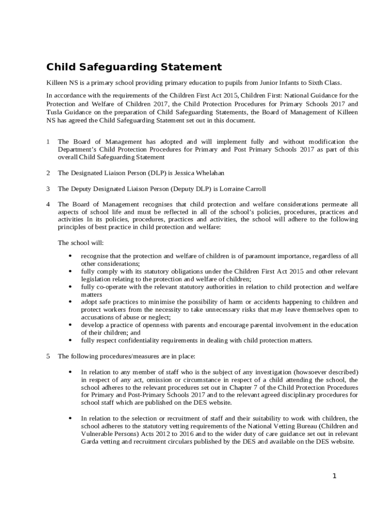 Child Safeguarding Statement - Killeen National School Doc Template | pdfFiller