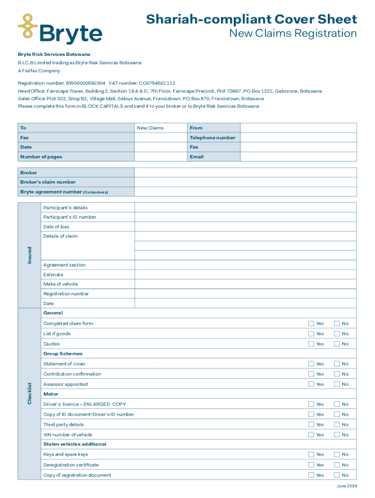 Fillable Online Shariah-compliant Cover Sheet - Bryte Risk Services ...