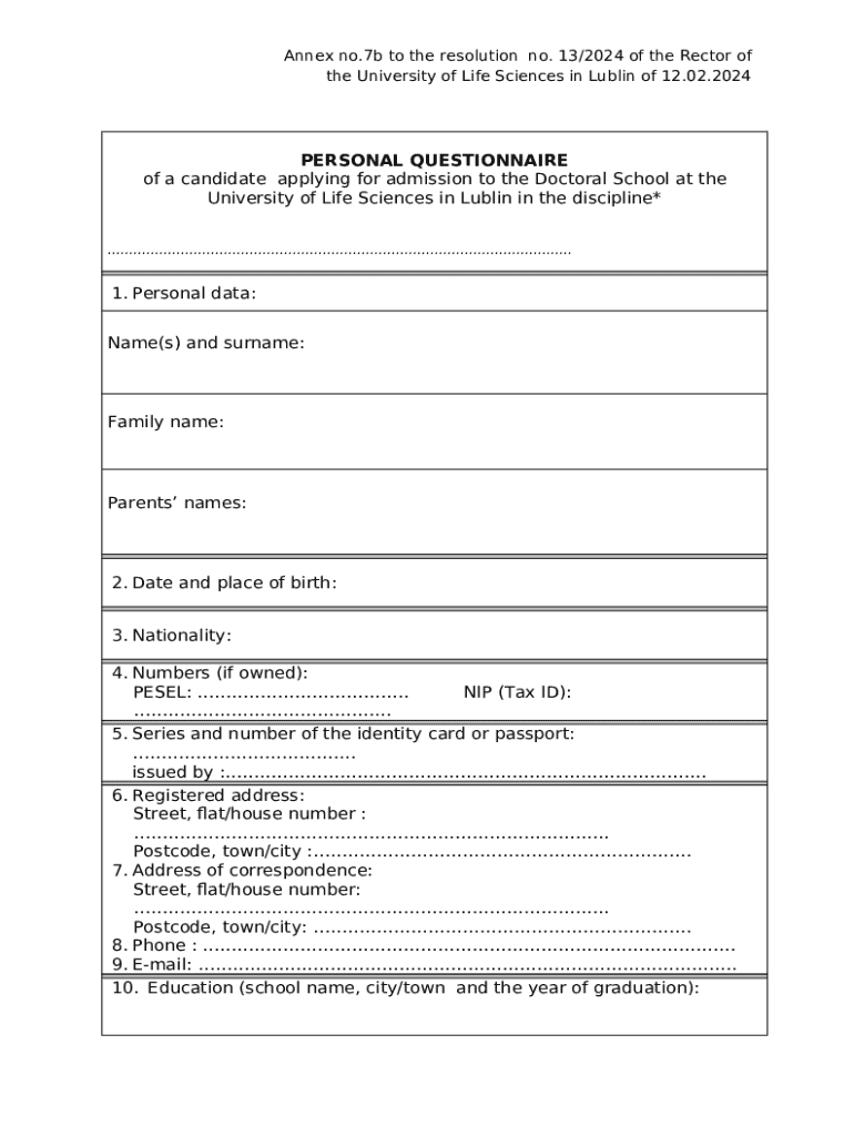 Personal Questionnaire For The 1 IB DP Class Candidate Doc Template ...