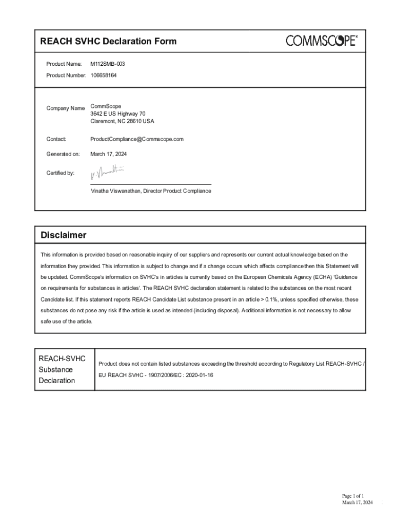 Fillable Online REACH SVHC Declaration Form - Product Compliance Fax Email Print - pdfFiller