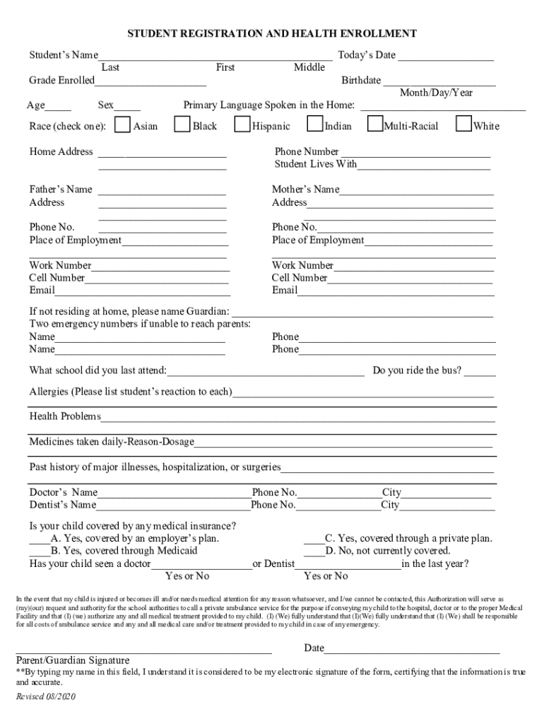 Fillable Online 1st-8th Grade New Student Registration Form Fax Email ...