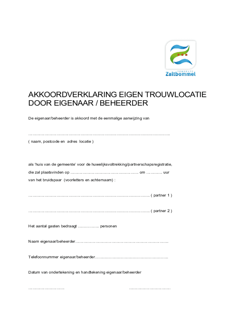 Invulbaar Online Aanvraag tot aanwijzing van een trouwlocatie Faxnummer Email Afdrukken - pdfFiller