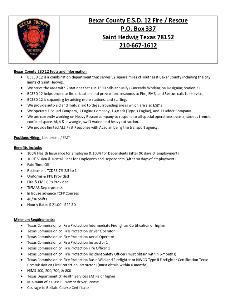 Fillable Online Bexar County E.S.D. 12 Fire / Rescue P.O. Box 337 Saint ... Fax Email Print ...