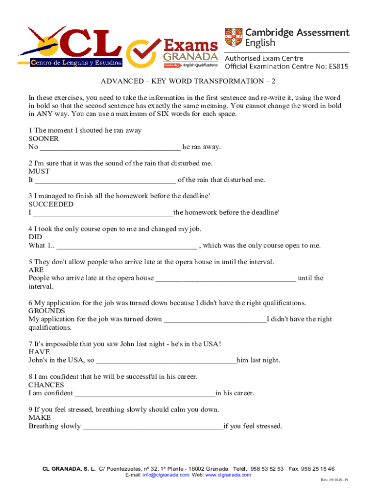 Fillable Online B2 Key Word Transformation 1B2 First Use of English ...