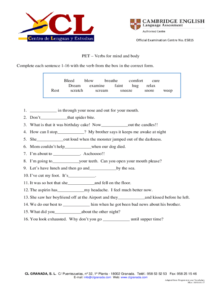 Fillable Online PET Verbs for mind and body Complete each sentence 1 ...