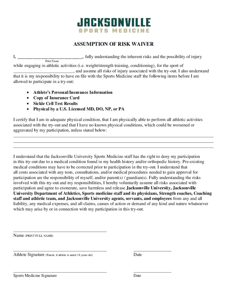 Fillable Online ASSUMPTION OF RISK WAIVER Fax Email Print - pdfFiller