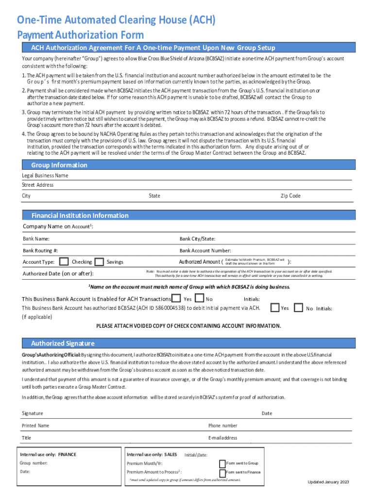 Fillable Online ACH Authorization Agreement For A One-time Payment Upon ...