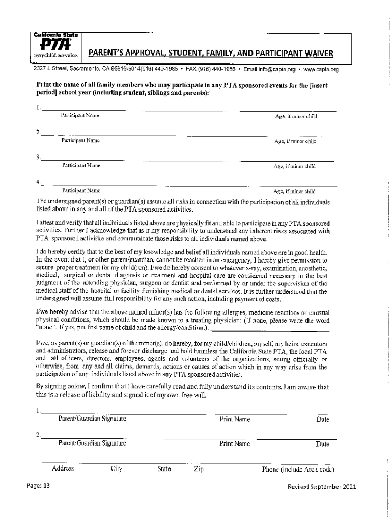 Fillable Online PTA Student and Family Waiver Fax Email Print - pdfFiller