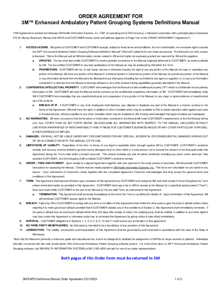 Fillable Online Order Agreement for 3M EAPG Systems Definitions Manual ...