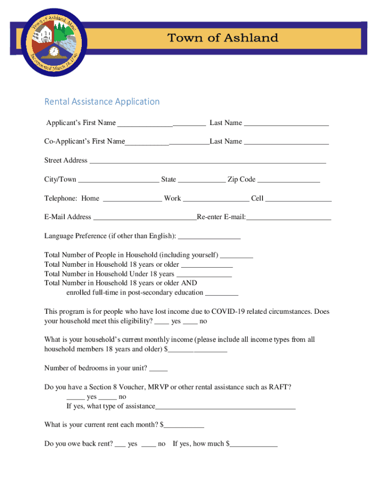 Fillable Online Rental Assistance Application - Ashland, MA Fax Email ...