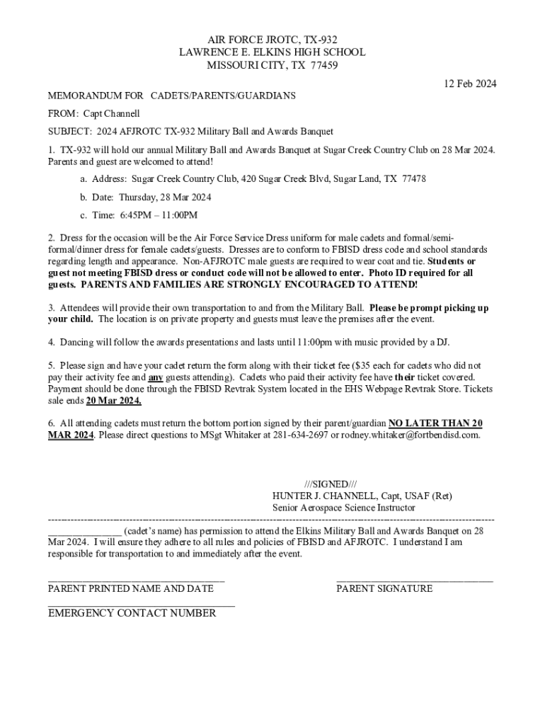 Fillable Online Air Force JROTC / Department Calendar - Fort Bend ISD ...