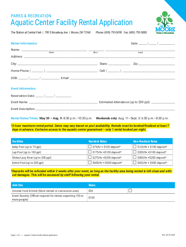 Fillable Online Aquatic Center Facility Rental Application Fax Email ...