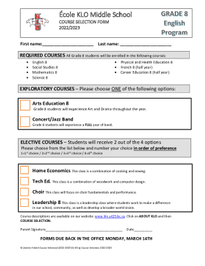 Fillable Online LOMS 8TH GRADE COURSE SELECTION SHEET Fax Email Print - pdfFiller