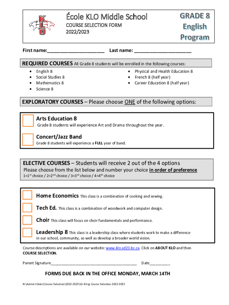 Fillable Online LOMS 8TH GRADE COURSE SELECTION SHEET Fax Email Print - pdfFiller