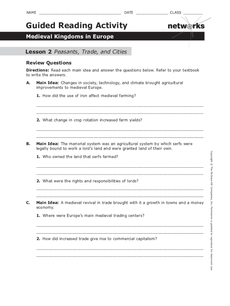 Fillable Online Guided Reading Activity: Peasants, Trade, and Cities ...