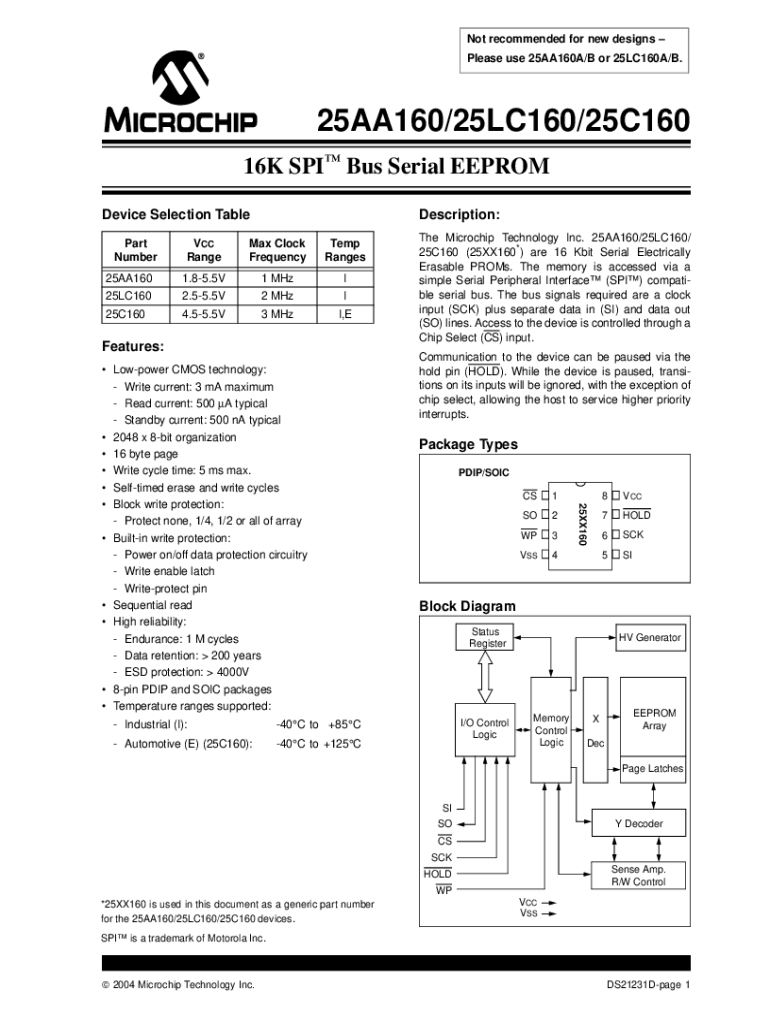 Fillable Online 25AA160/25LC160/25C160 16K SPI Bus Serial EEPROM. Data Sheet Fax Email Print ...