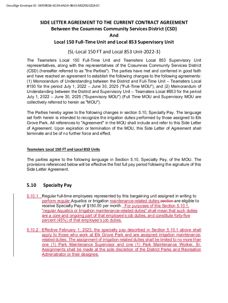 Fillable Online SIDE LETTER AGREEMENT TO THE CURRENT CONTRACT AGREEMENT ...