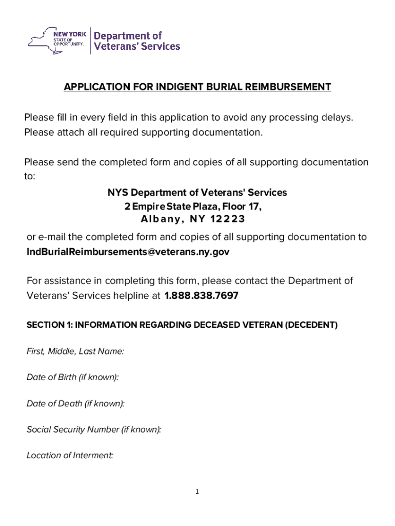 Fillable Online veterans ny APPLICATION FOR INDIGENT BURIAL ...