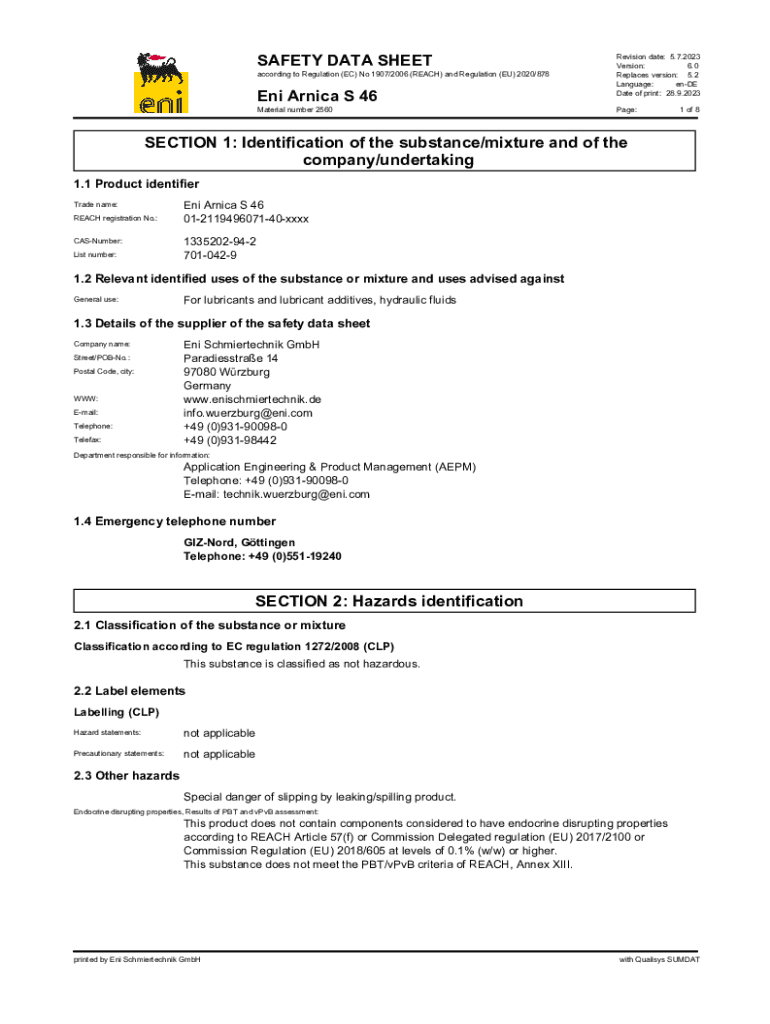 Fillable Online SAFETY DATA SHEET Eni Arnica S 46 SECTION 1 ...