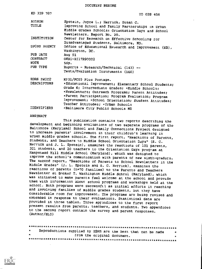 Fillable Online Epstein, Joyce L. TITLE Improving School and Family ...