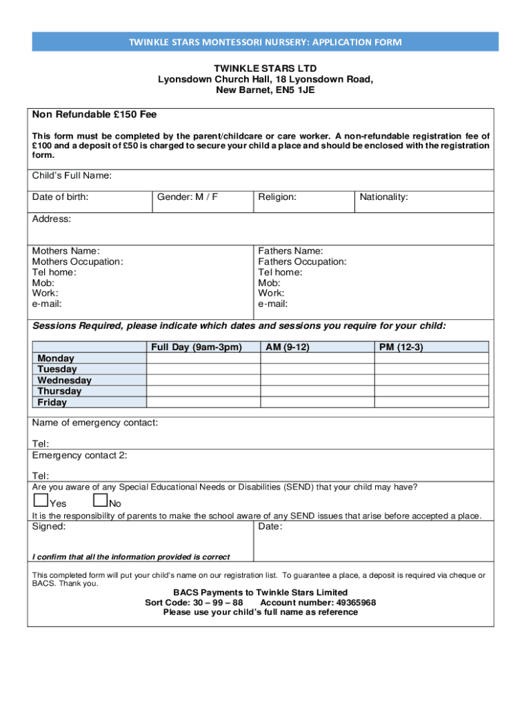 Fillable Online APPLICATION FORM - TWINKLE STARS MONTESSORI NURSERY Fax ...