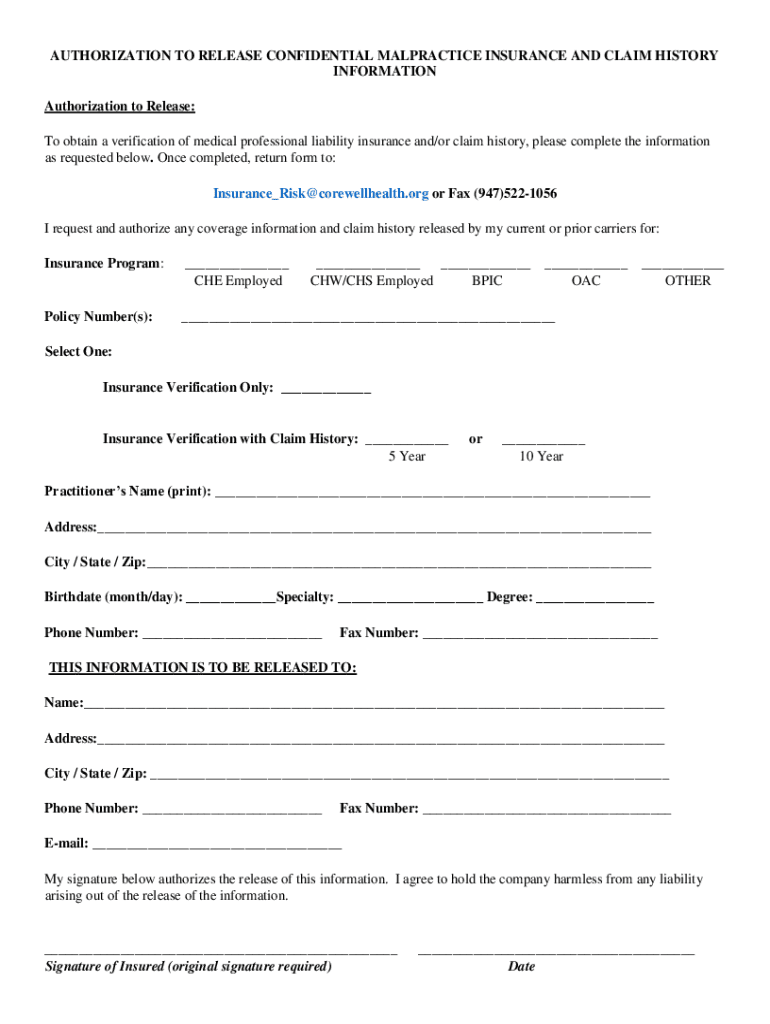 Fillable Online AUTHORIZATION TO RELEASE CONFIDENTIAL CLAIM HISTORY ...