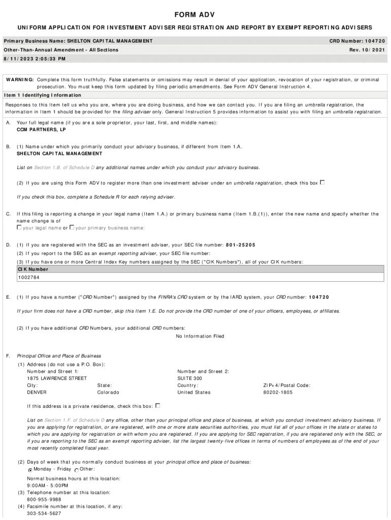 Fillable Online Shelton Capital Management Form CRS ADV Part III Fax ...