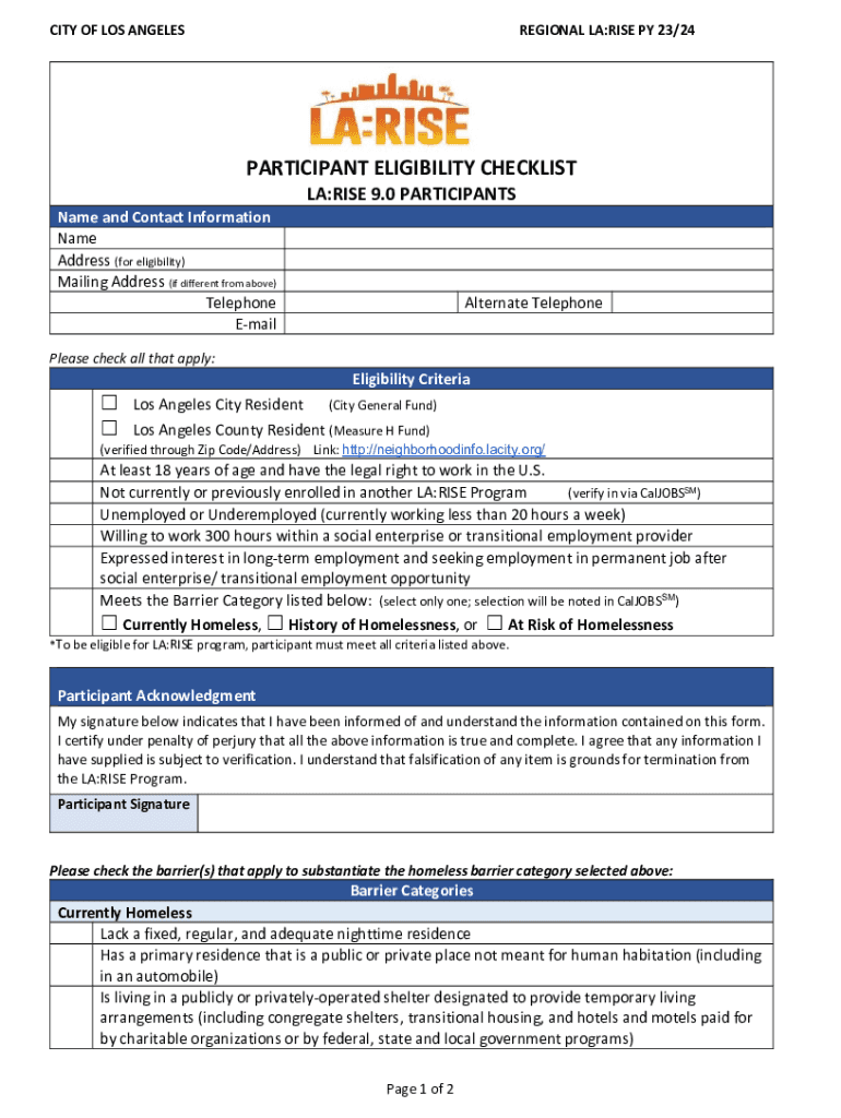 Fillable Online LA:RISE Participant Eligibility Checklist Form and ...