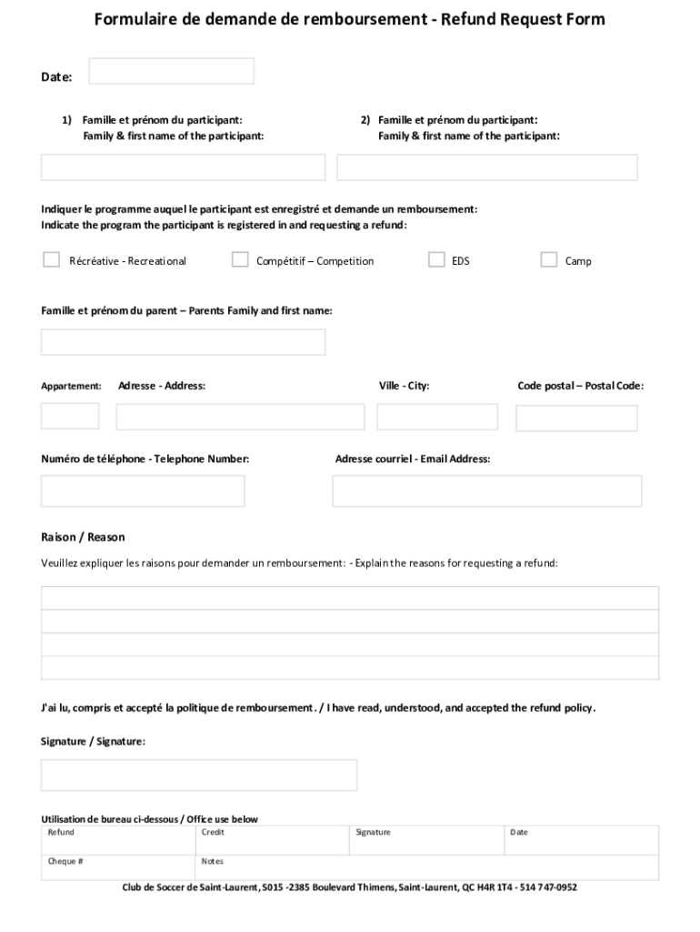 Remplissable En Ligne Formulaire de demande de remboursement - Refund Request Form Fax Email ...