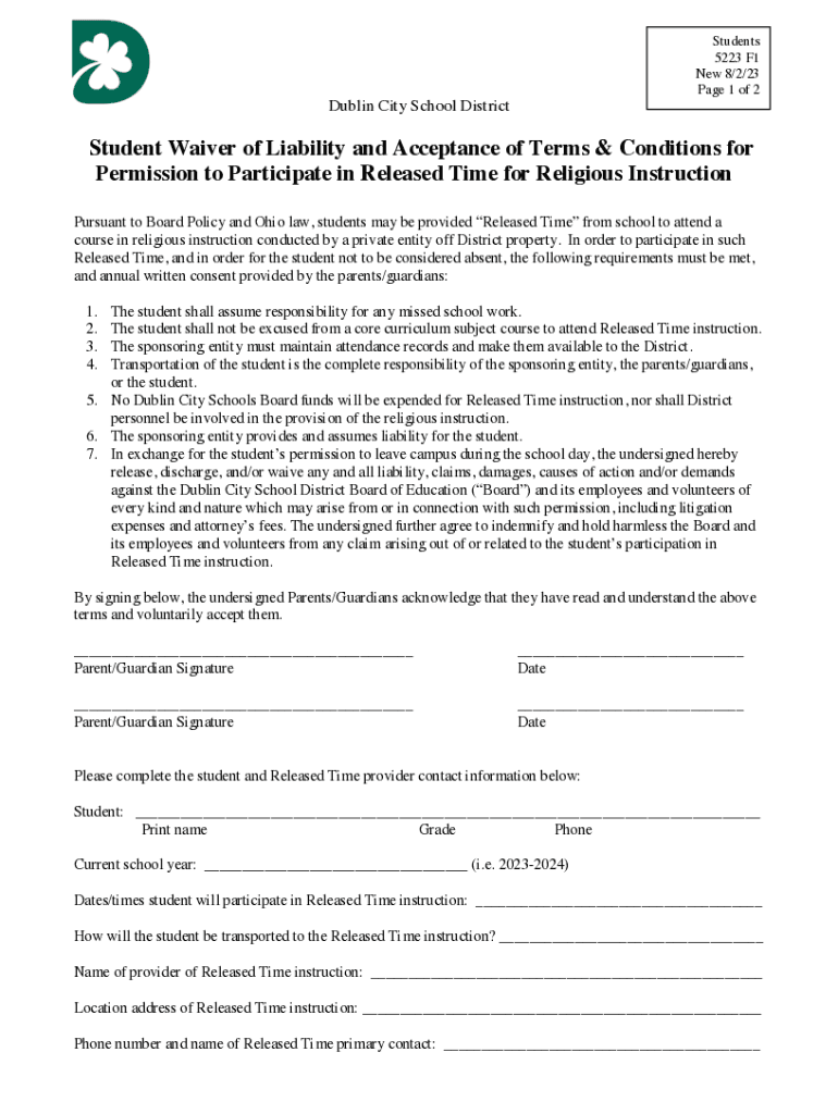 Fillable Online 5223 F1 Student Waiver of Liability & Acceptance of ...