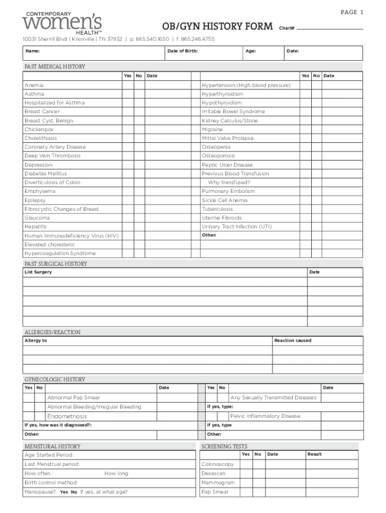 Fillable Online Obstetrics and Gynecology History Form Name: Age: Date ...