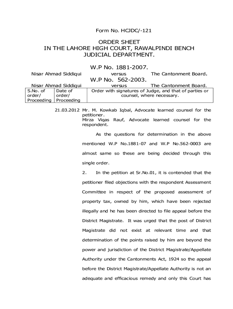 Fillable Online sys lhc gov Form No. HCJDC/-121 - ORDER SHEET IN THE LAHORE HIGH ... Fax Email ...