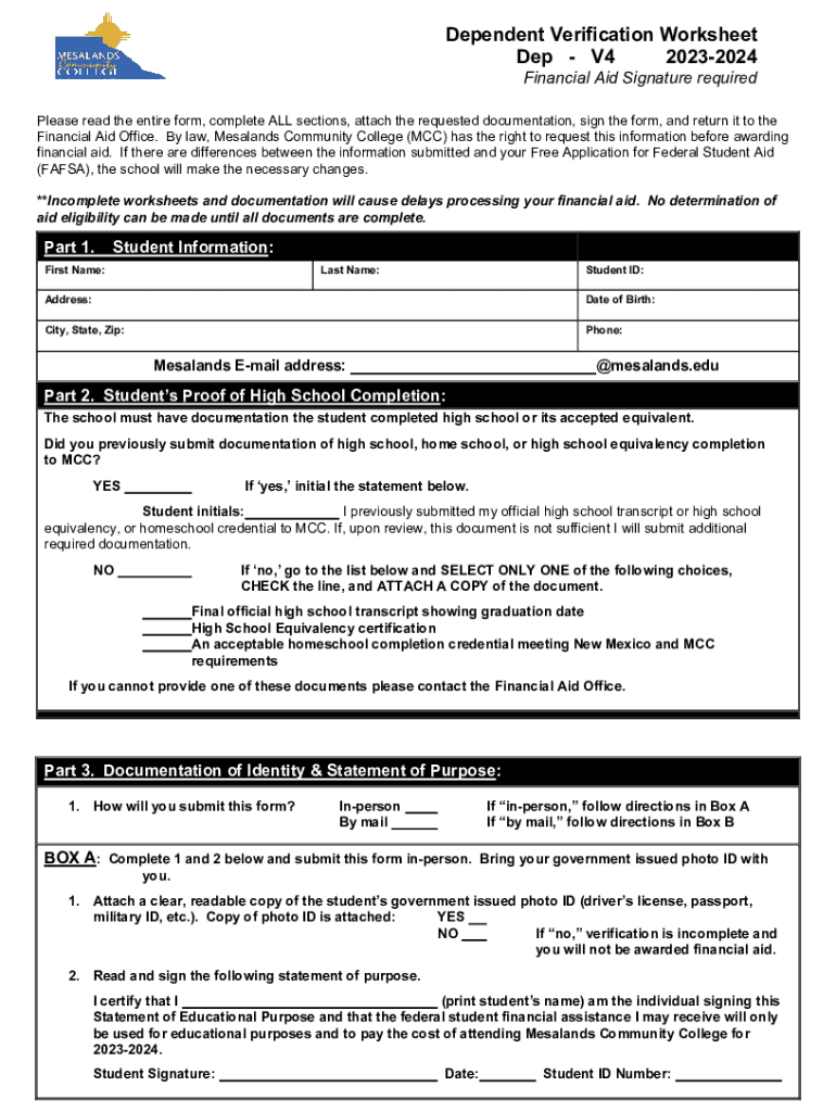 Fillable Online Dependent Verification Worksheet Dep - V4 2023-2024 Fax Email Print - pdfFiller