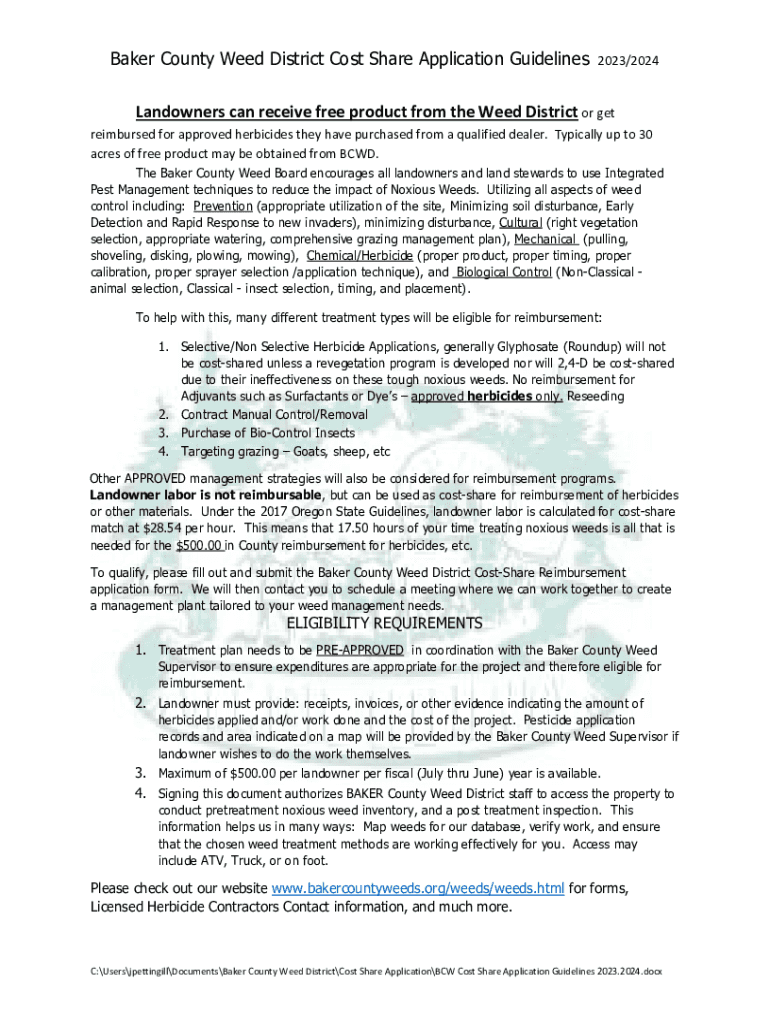 Fillable Online Baker County Weed District Cost Share Application ...