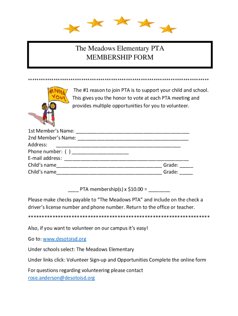 Fillable Online The Meadows Elementary PTA MEMBERSHIP FORM Fax Email ...