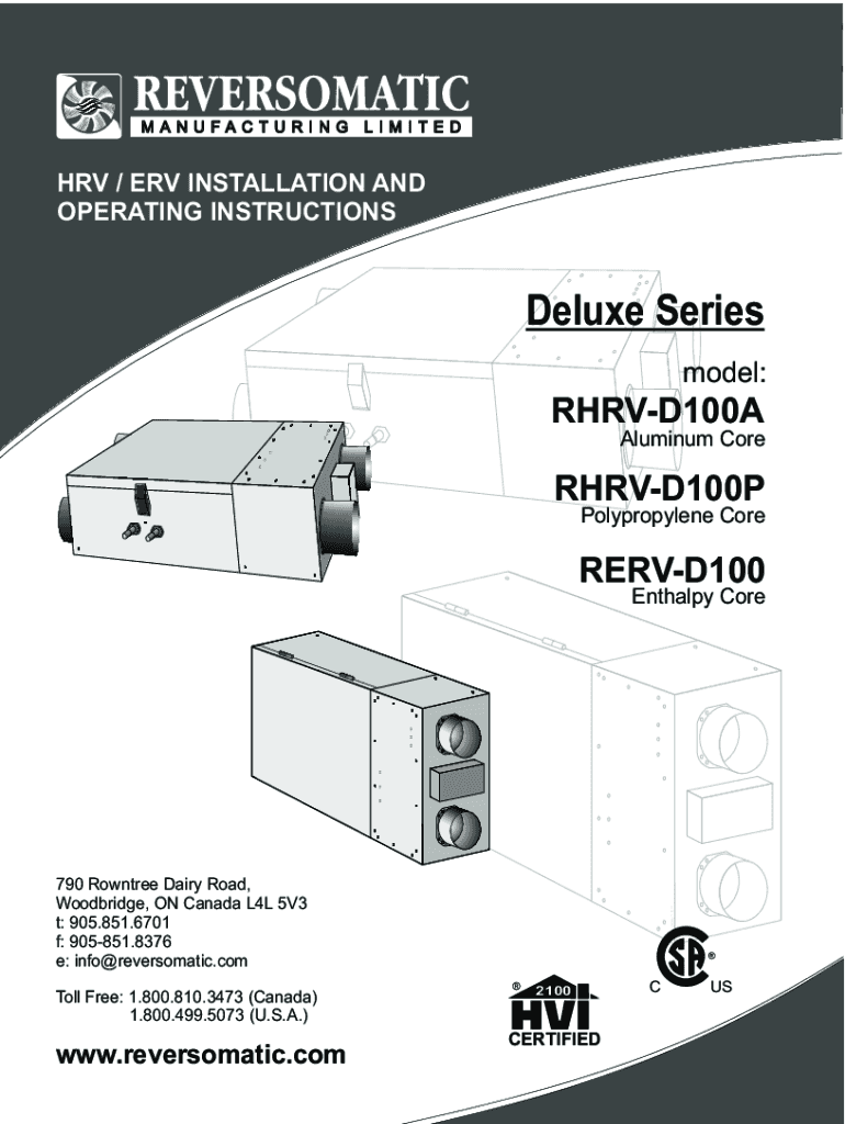 Fillable Online Reversomatic RHRV-D100A Installation And Operating ...
