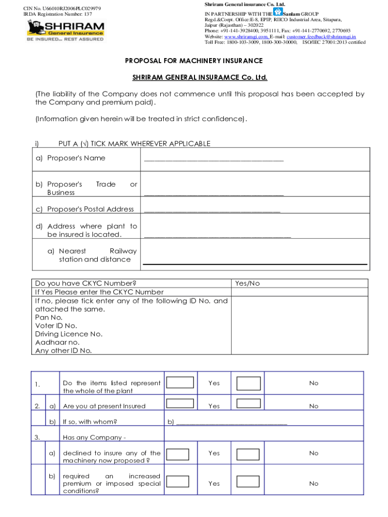 Fillable Online Contractor's Plant & Machinery Insurance Proposal Form ...