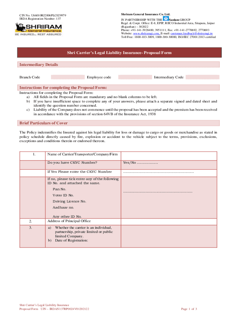 Fillable Online Shri Carrier's Legal Liability Insurance- Proposal Form ...