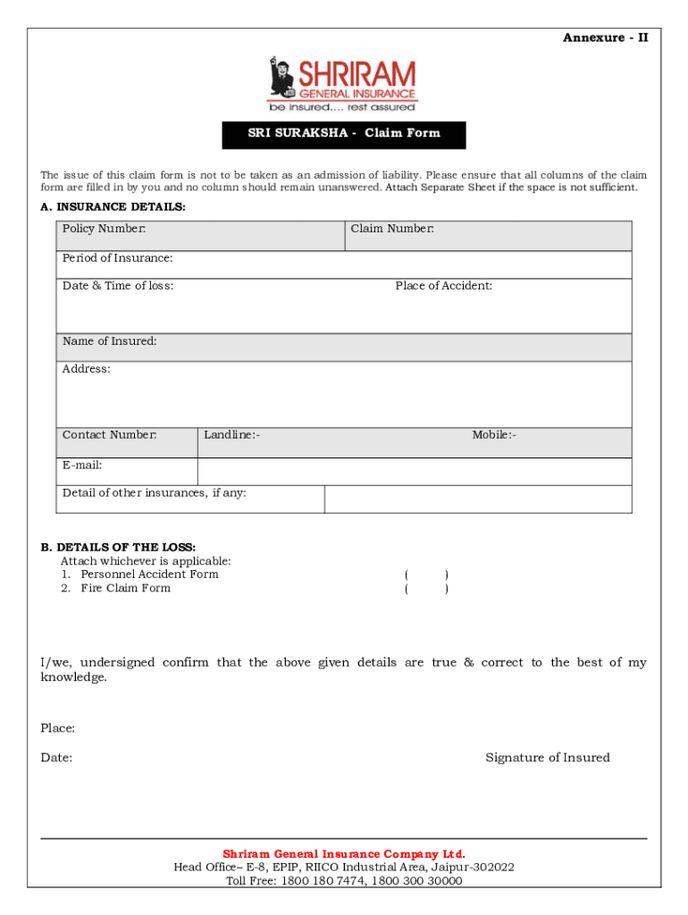 Fillable Online II SRI SURAKSHA - Claim Form I/we, undersigned confirm ...