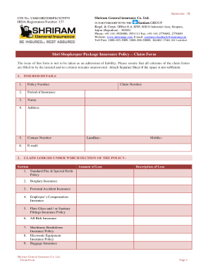 Fillable Online Shri Shopkeeper Package Insurance Policy Claim Form Fax ...